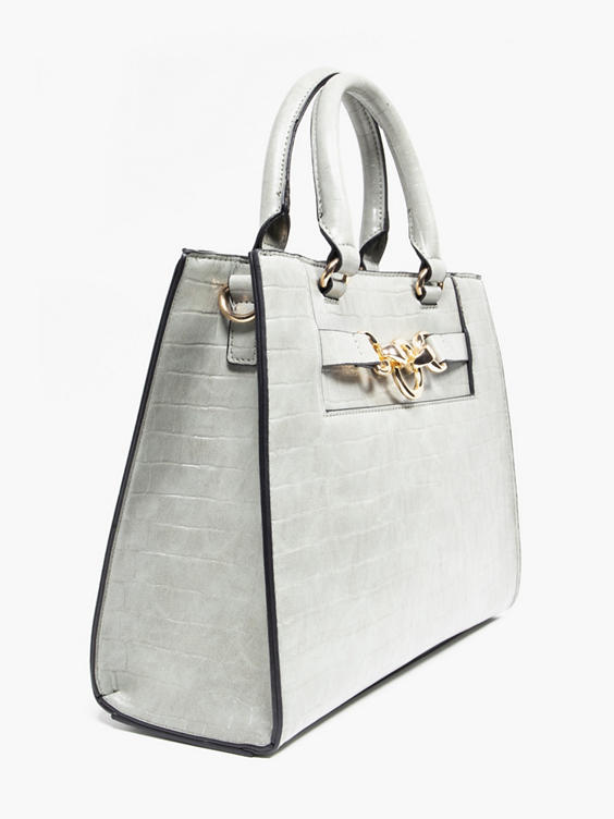 (Catwalk) Grey Croc Effect Bag with Shoulder Strap and Metal Trim in ...